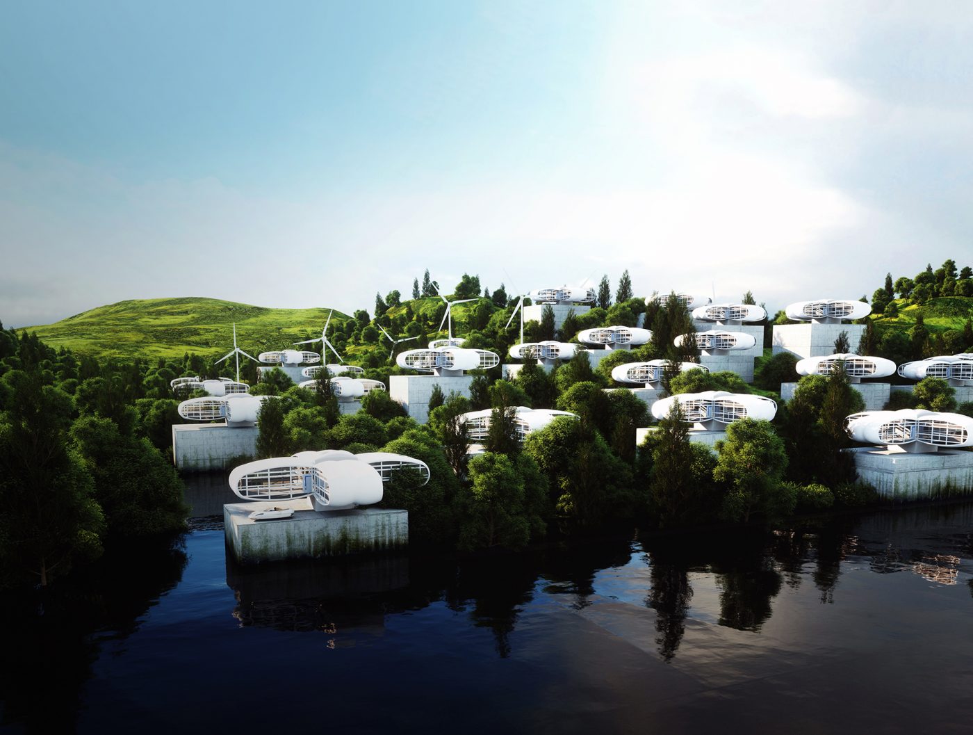 futuristic city, village. The concept of the future. Aerial view. 3d ...